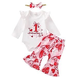 Aslaylme Newborn Girl Valentine Day Clothes Baby My 1st Valentine's Day Flare Pant Outfit (Red, 0-3 Months)