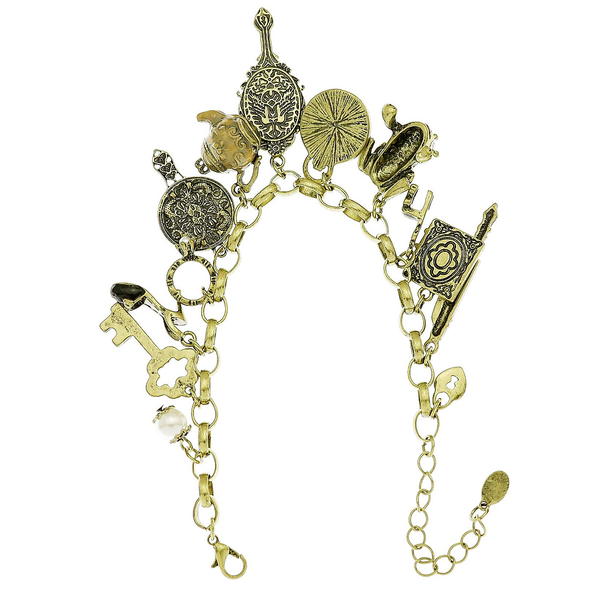 Vintage Gold Fairytale Lucky Charms Link Chain Cuff Bangle Bracelet Wonderland Style Frog Mirror Clock Heart Teapot Pendants Party Friendship Gift For Women and Girls