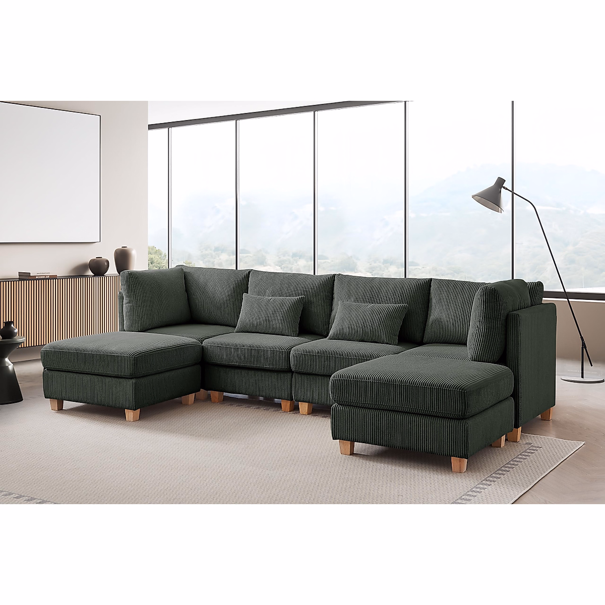 MYINDA U Shaped Sectional Couches for Living Room, 110 Inch Modular Sectional Sofa with Movable Ottoman, Corduroy Oversized Living Room Furniture Sets (Dark Green)
