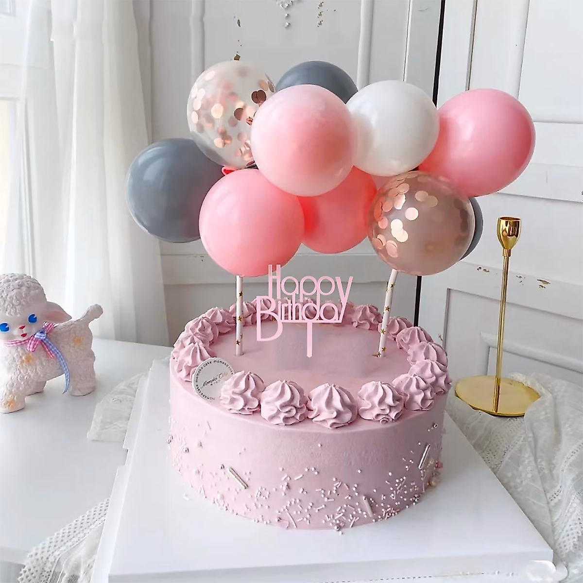 Balloons Cake Toppers, 14PCS Party Balloons and Happy Birthday Cards/Confetti Balloon Birthday Cake Supplies Decorations Set(Pink)