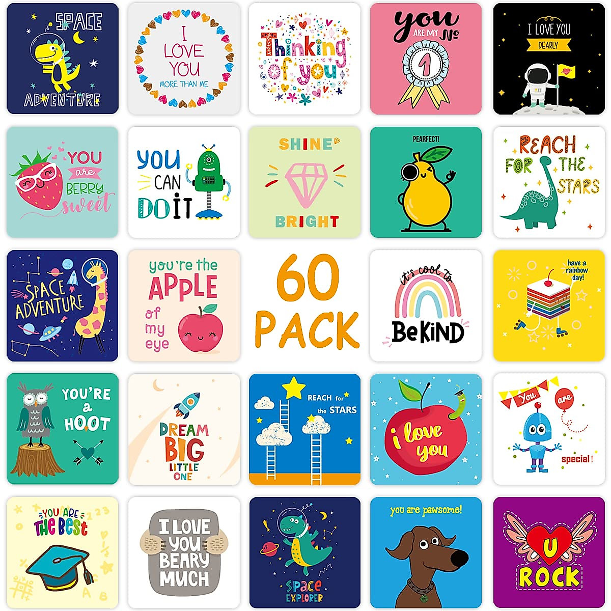 Fantasyon Lunch Box Notes for Kids, 60 Pcs Cute Positive Affirmation Lunch Box Cards for Kindergarten Kids, Inspirational and Motivational Love Lunchbox Notes for Boys Girls