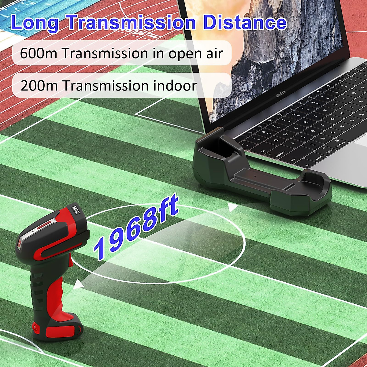 Industrial 2D Bluetooth Barcode Scanner with Charging Base,Bluetooth & 433MHz Wireless 2-in-1 1968ft Transmission Distance,Auto-scanning Available,Support on DPM Code