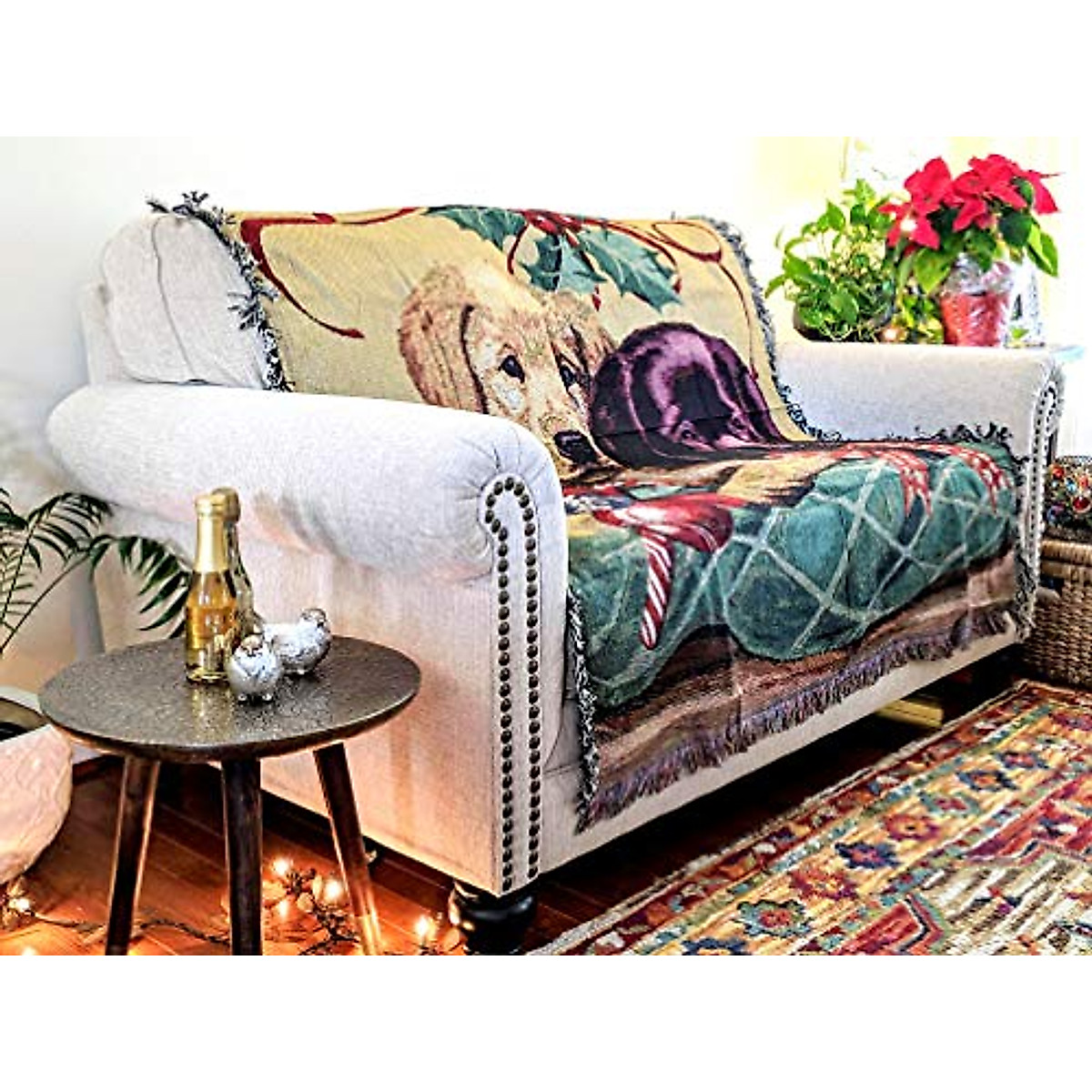 Labrador Retriever Dog Throw Blanket - Tache Adorable Puppy's First Christmas Holiday Animal Lover Gift Decorative Woven Tapestry Dog Throw Blanket, 50" x 60"