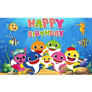 GRATULON Babe Shark Party Supplies for Birthday Decorations, Gratulon Vinyl Light-Weight Babe Shark Backdrop for Baby Shower and Kids’ Bedroom Wall Sticker Décor Blue 5x3 ft