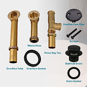 Black Tubular Tub Drain Kit 1-1/2" Brass Pipe with Tip-Toe Bathtub Drain Stopper, Touch-Toe Bath Plug Waste and Overflow, Welsan Assembly Replacement Set(Matte Black)