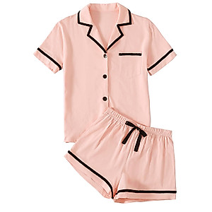 LYANER Women's Cotton Pajamas Set Button Short Sleeve Shirt with Shorts Set PJs Loungewear Light Pink Medium