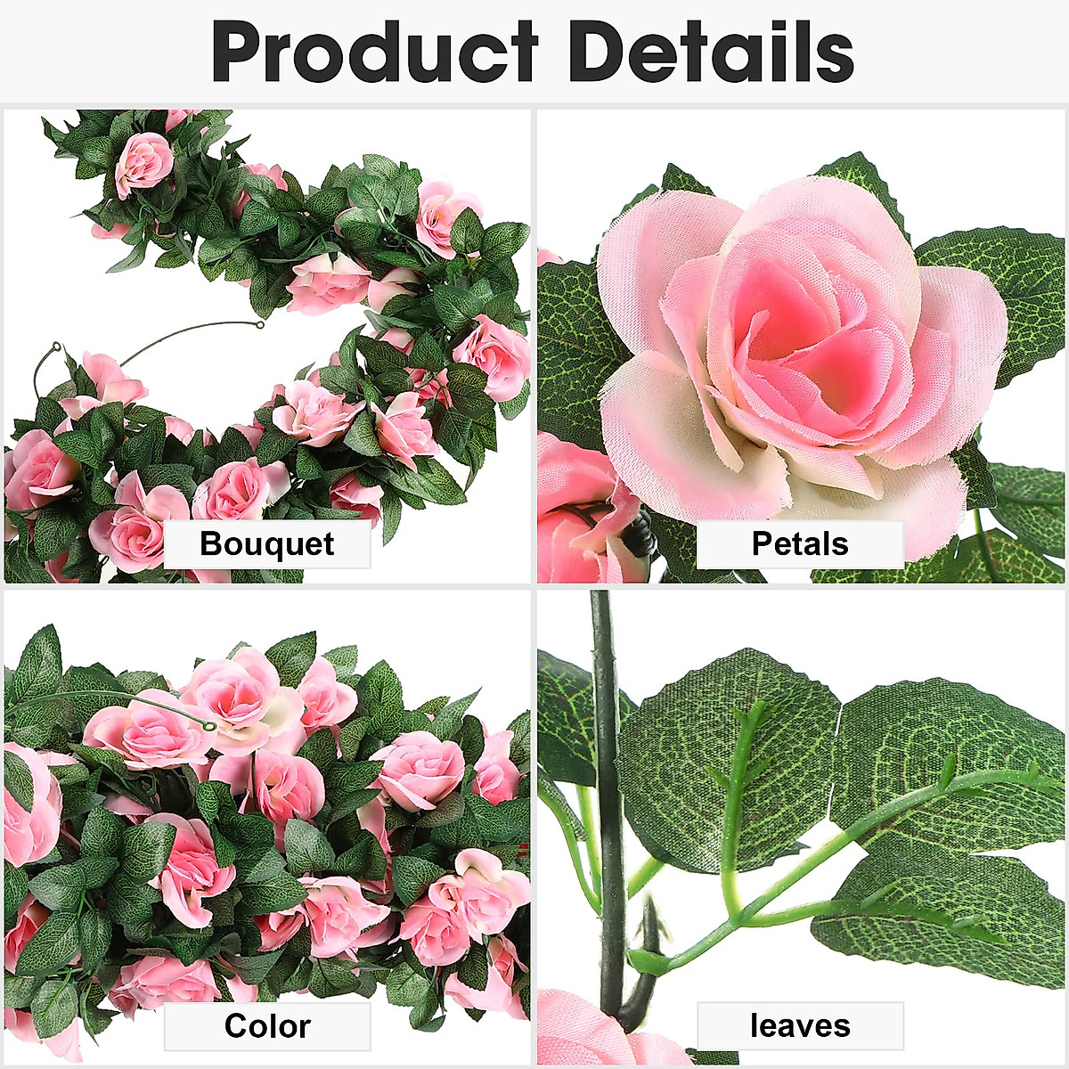 Hoteam 12 Pcs (90 Ft) Pink Fake Rose Vine Garlands for Wedding Artificial Rose Vine Plants Room Decor Flowers Hanging Rose Garland for Wall Wedding Party Backdrop Garden Craft Art Decorations