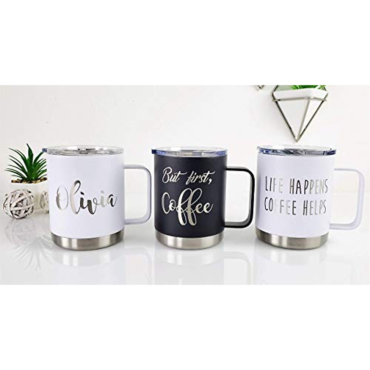 Personalized Insulated Coffee Mug with Lid - 12 oz -Customize with Name or Text - Custom Travel Cup