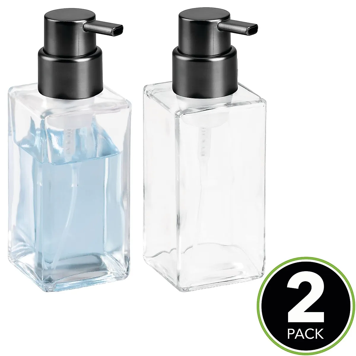 mDesign Glass Refillable Foaming Hand Soap Dispenser Modern Square Pump Bottle for Bathroom Vanities or Kitchen Sink, Countertops - 2 Pack - Clear/Black