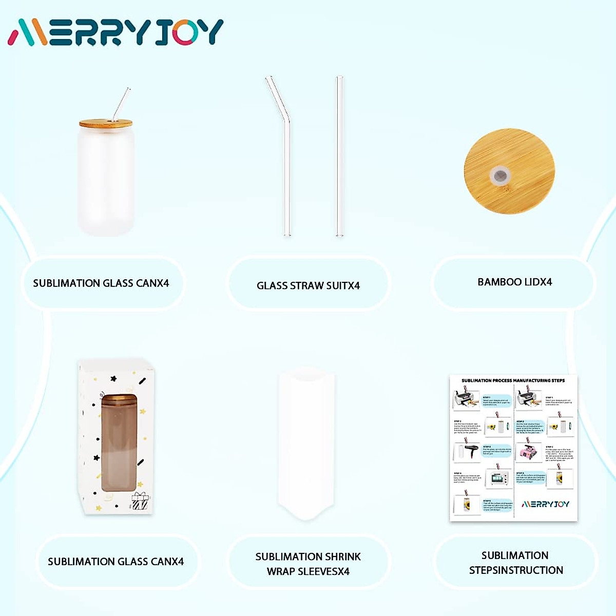 MerryJoy 4 PACK Sublimation Glass Blanks With Bamboo Lid,16 OZ Frosted Glass Cups With Lids And Straws,Sublimation Glass Can,Sublimation Glass Blanks For Iced Coffee,Juice,Soda,Drinks,Beer