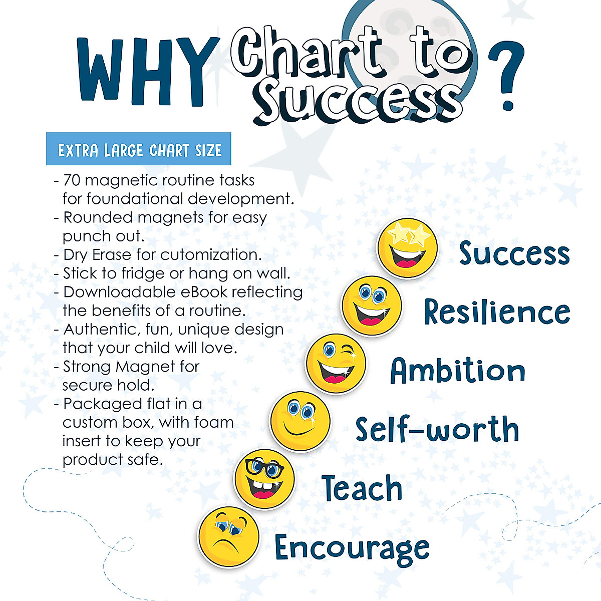 Chart to Success| Magnetic Dry Erase| Daily Routine Responsibility Chore Chart for Kids| 80 Emojis| 70 Tasks, Including Behavior and Self-Care| Fun Design for Both Boys and Girls| Raising a Star