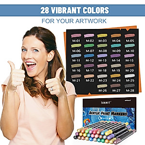 28 Metallic Colors Acrylic Paint Markers, Dual Tip Acrylic Paint Pens for Rock Painting, Black Paper, Wood, Canvas, Stone, Glass, Ceramic, DIY Crafts Making Art Supplies (Brush Tip and Round Tip)