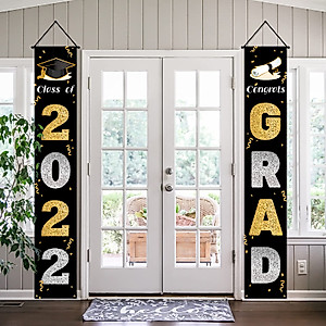2022 Graduation Decorations Banner, Class of 2022, Congrats Grad Banner, Graduation Hanging Flag Porch Sign, Graduation Party Decorations Supplies for Indoor/Outdoor/Home/Door/Wall Decor (Black Gold)