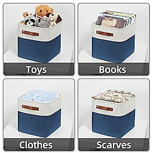 HNZIGE Fabric Cube Storage Bins Basket for Shelves Set of 4, Fabric Storage Cubes Baskets Closet Storage Bins for Cube with Handles, Cubby Storage Bins for Organizing Home Office (White Blue)