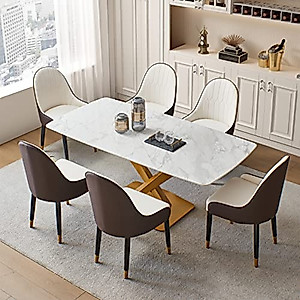 Montary 7-Piece Dining Table Set - 63" Faux Marble Table Top & X-Shaped Solid Gold Carbon Stell Legs, 1 Dining Table with 6 Dining Chairs, Morden Rectangular Dining Set for Kitchen, Resterant