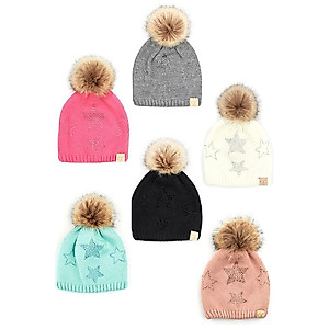 ScarvesMe Children Kids Girl Boy Ages 2-7 Star Rhinestone Knit Hat Beanie Faux Fur Pom Ivory