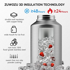 ZUWOZU 1 Gallon Water Bottle Insulated with Straw&Handle, 128 oz Water Jug with Carry Pouch, Double Walled Vaccum Stainless Steel, Wide Mouth, Leak Proof, Large Water Bottles for Sports