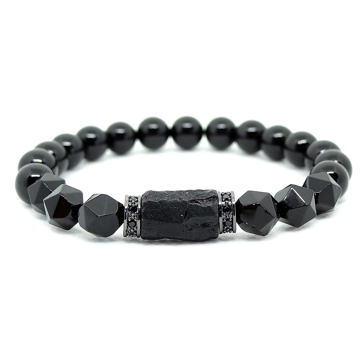 Handmade Natural Stone Black Tourmaline & Black Onyx Beaded Bracelet Men's and Women's