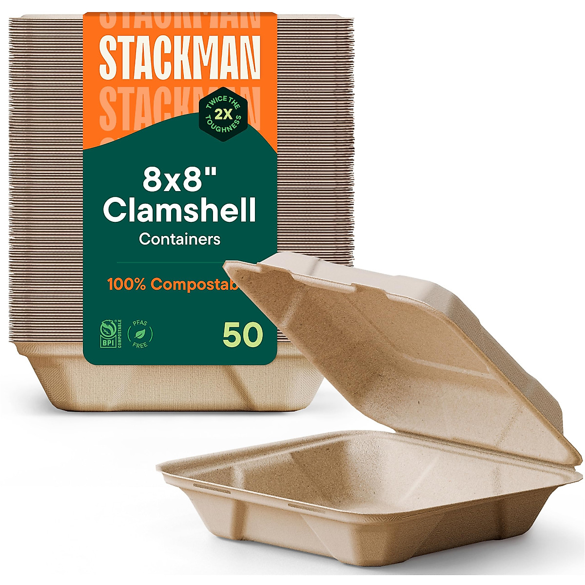 100% Compostable Clamshell Take Out Food Containers [8X8" 50-Pack] Heavy-Duty Quality to go Containers, Natural Disposable Bagasse, Eco-Friendly Biodegradable Made of Sugar Cane Fibers