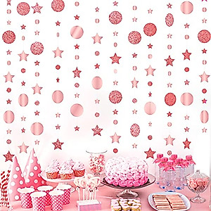 39Ft Circle Dots Garland, Glitter Pink Rose Gold Paper Garland, Star Polka Dot Streamers Backdrop Hanging Banner Party Decorations for Birthday Wedding Engagement Bridal Shower Gruaduation, 3Pack
