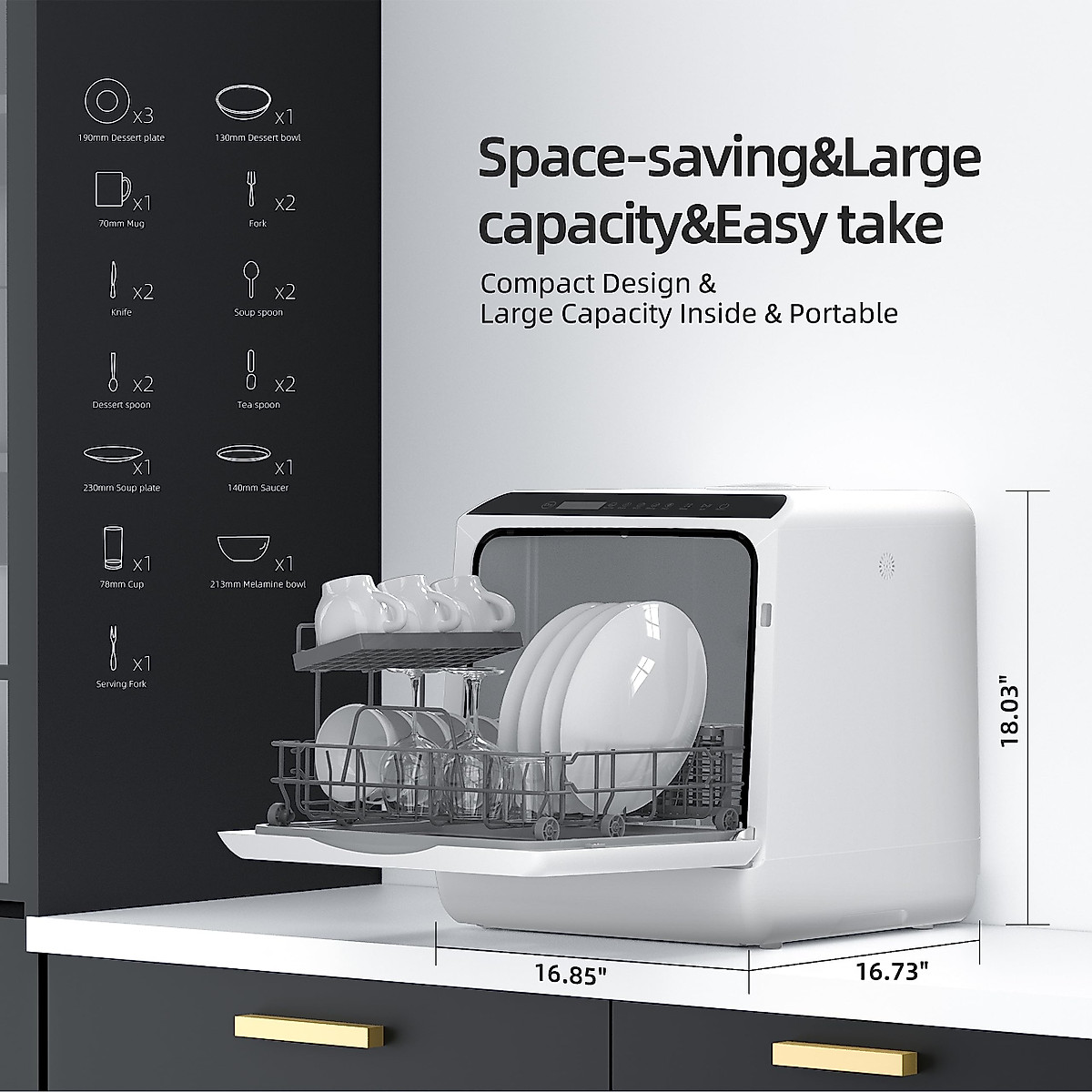 FIREGAS Portable Countertop Dishwasher, 5 L Built-in Water Tank & Inlet Hose, 6 Washing Programs Mini Dishwasher with Air-Dry Function and LED Light for Apartments, Dorms and RVs