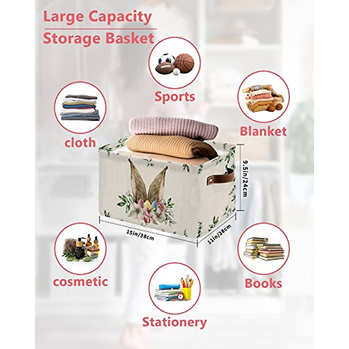 Easter Storage Bins with Handles, Rabbit Ears Eucalyptus Leaves Flower Burlap Storage Basket for Shelves, Cube Storage Organizer Bins for Toys, Closet (1 Pack, 15" x 11" x 9.5")