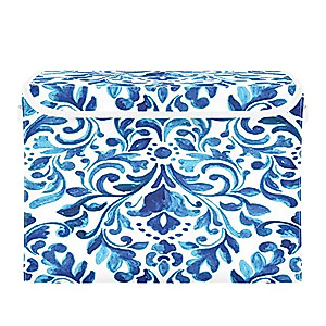 Vnurnrn Collapsible Storage Bins with Lids, Hand Drawn Blue Floral Foldable Storage Boxes, Storage Box Cube with Lid for Clothes,Bedroom,Toys,16.5x12.6x11.8 Inch