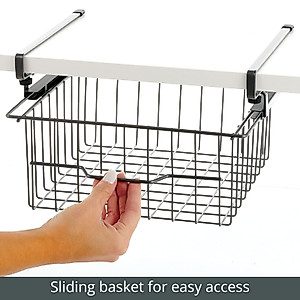 mDesign Compact Hanging Pullout Drawer Basket - Sliding Under Shelf Storage Organizer - Metal Wire - Attaches to Shelving - Easy Install - for Kitchen, Pantry, Cabinet - Graphite Gray