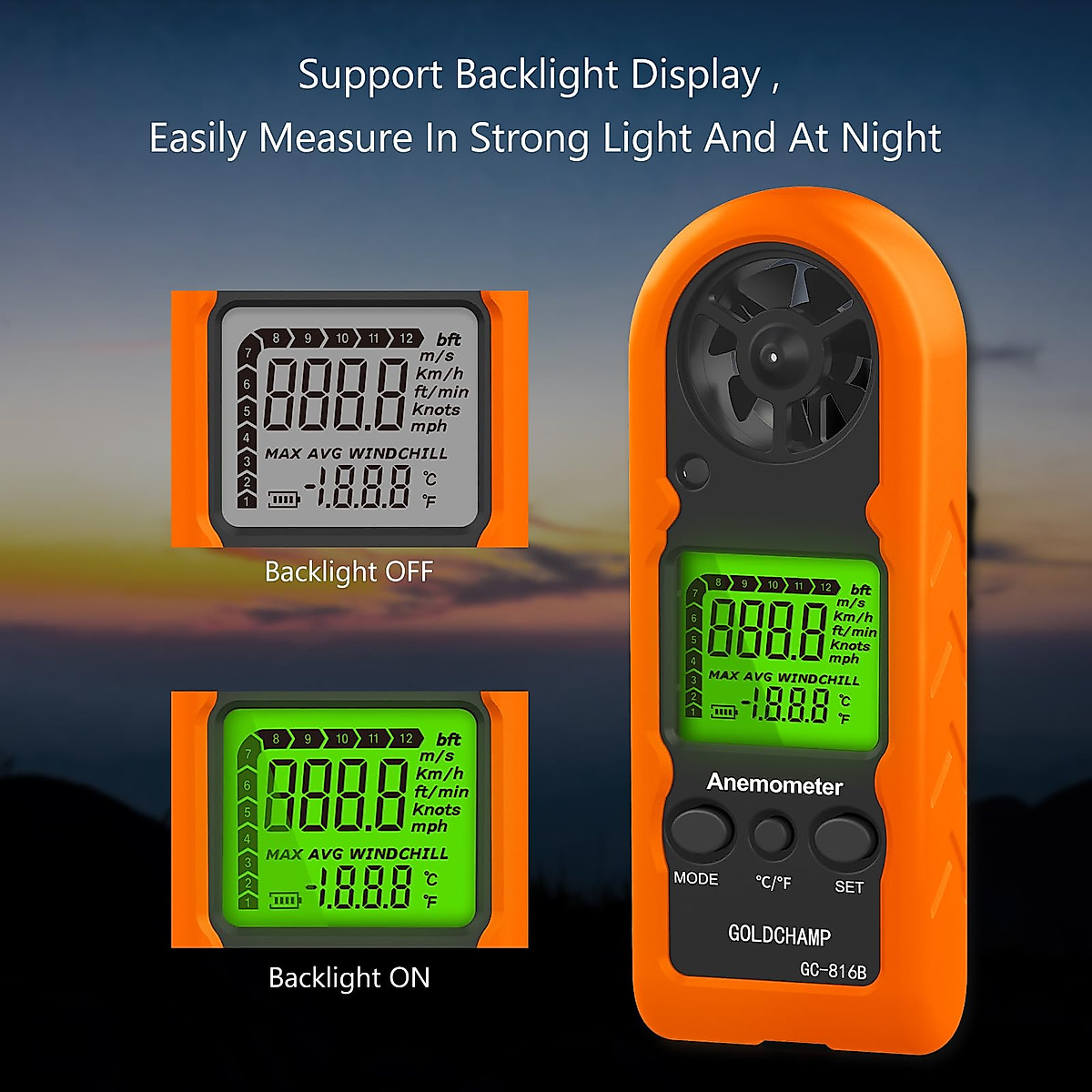 GOLDCHAMP Mini Anemometer Handheld, Digital Wind Speed Meter Anemometer Handheld Wind Gauges for Measuring Wind Speed Temperature and Wind Chill for Shooting Windsurfing Fishing Hunting