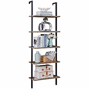 SUPERJARE Industrial Ladder Shelf, 5-Tier Wood Wall-Mounted Bookcase with Stable Metal Frame, 72 Inches Storage Rack Shelves Display Plant Flower, Stand Bookshelf for Home Office - Vintage Brown