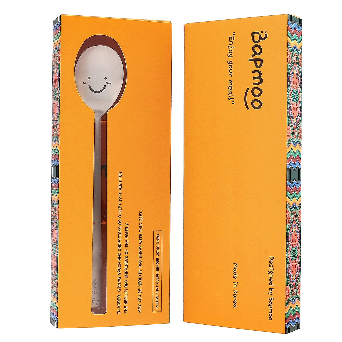 BAPMOO Korean Chopsticks and Spoon Set Combinations Reusable Long Handle Metal Stainless Steel Good for Gift Happy Face & Hangul Characters Engraved Silver