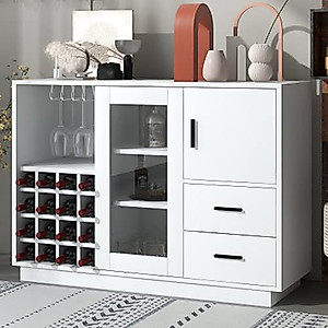 P PURLOVE 47 Inch Sideboard Buffet Server Storage Cabinet with Glass Sliding Door and Integrated 16 Bar Wine Compartment, Wineglass Holders for Kitchen Dining Room Furniture