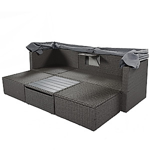 BIADNBZ Outdoor Patio Furniture Sofa Daybed with Retractable Canopy, Lift Up Side Table, Ottoman and Washable Cushions, Wicker Rectangle Couch Sets for Garden Backyard, Grey Rattan&Cushions