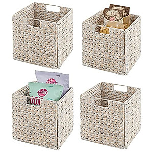 mDesign Natural Woven Hyacinth Cube Storage Bin Basket Organizer with Handles for Kitchen Pantry, Cabinet, Cupboard, Shelf/Cubby Organization, Hold Food, Drinks, Snacks, Appliances, 4 Pack, White Wash