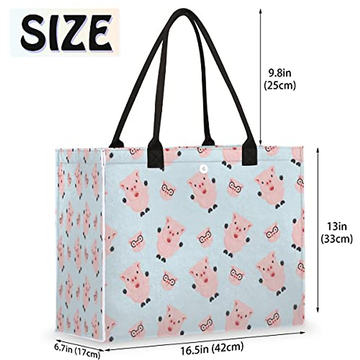 Cute Cartoon Pig Reusable Grocery Shopping Bag with Hard Bottom, Animal Pig Large Foldable Multipurpose Heavy Duty Tote with Zipper Pockets, Stands Upright, Durable and Eco Friendly, Beach Bag