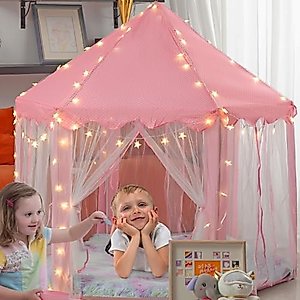 Princess Tent with Star Lights for Girls, Kids Tent Indoor or Outdoor Playhouse Toys, Pink Play Tent, 55" x 53" Castle Gifts for Kids Toddlers 3 4 5 6 7 8 9 10 Years Old