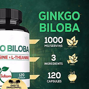1000mg Ginkgo Biloba Supplements with L-Tyrosine, L-Theanine - 120 Capsules for 2-Month Supply - Support Focus, Mermory Function, Brain Health & Vision Quality