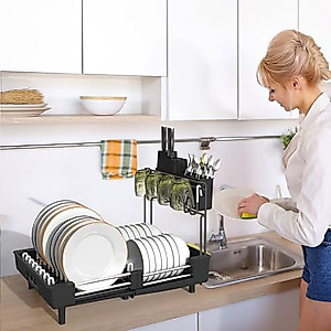 Ollieroo Dish Drying Rack, Rustproof Dish Racks for Kitchen Counter with Removable Utensil Holder,Knife Slots and Cups Holder,Large Capacity Drying Rack for Storage Plates Bowls Cups Utensil(Black)