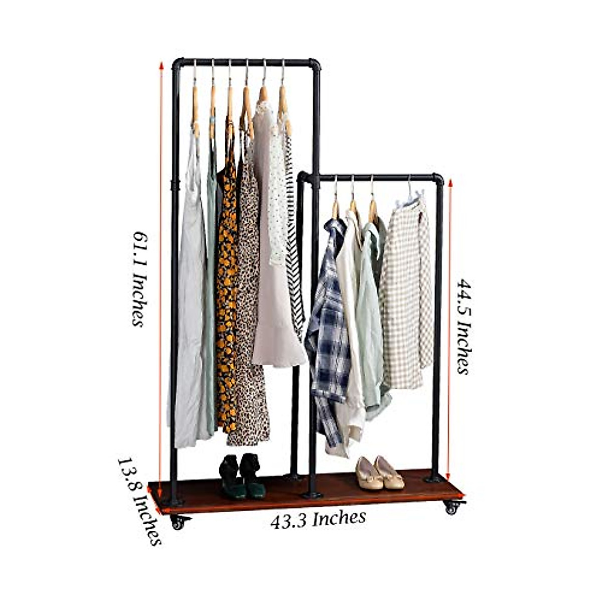 Hanging Clothes Rack with Shelves,Industrial Pipe Clothing Rack on Wheels,Heavy Duty Rolling Garment Rack - Clothes Racks for Hanging Clothes - Natural Wood Base