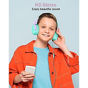 ELECDER Kids Headphones, S8 Wired Headphones for Kids with Microphone for Boys Girls, Adjustable 85dB/94dB Volume Limited, 3.5 mm Jack for/Kindle/Smartphones/Tablet/Airplane Travel(Green/Purple)