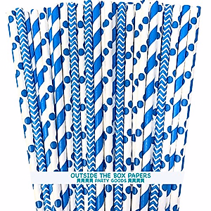 Paper Straws - Blue White - Stripe Chevron Polka Dot - 7.75 Inches - 100 Pack - Outside the Box Papers Brand