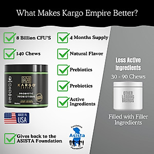 Kargo Empire Probiotic Dog Supplement – Supports Digestion & Healthy Immune System – Helps with Gut Health, Itchy Skin, Seasonal Allergies, and Yeast – 4 Billion CFU’s/2 Chews – 140 Soft Chews