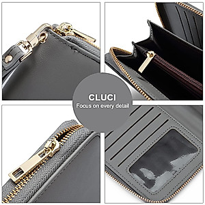 CLUCI Womens Wallet Large Leather Clutch Ladies Travel Purse Zipped Large Multi Card Organizer with Wristlet Gray