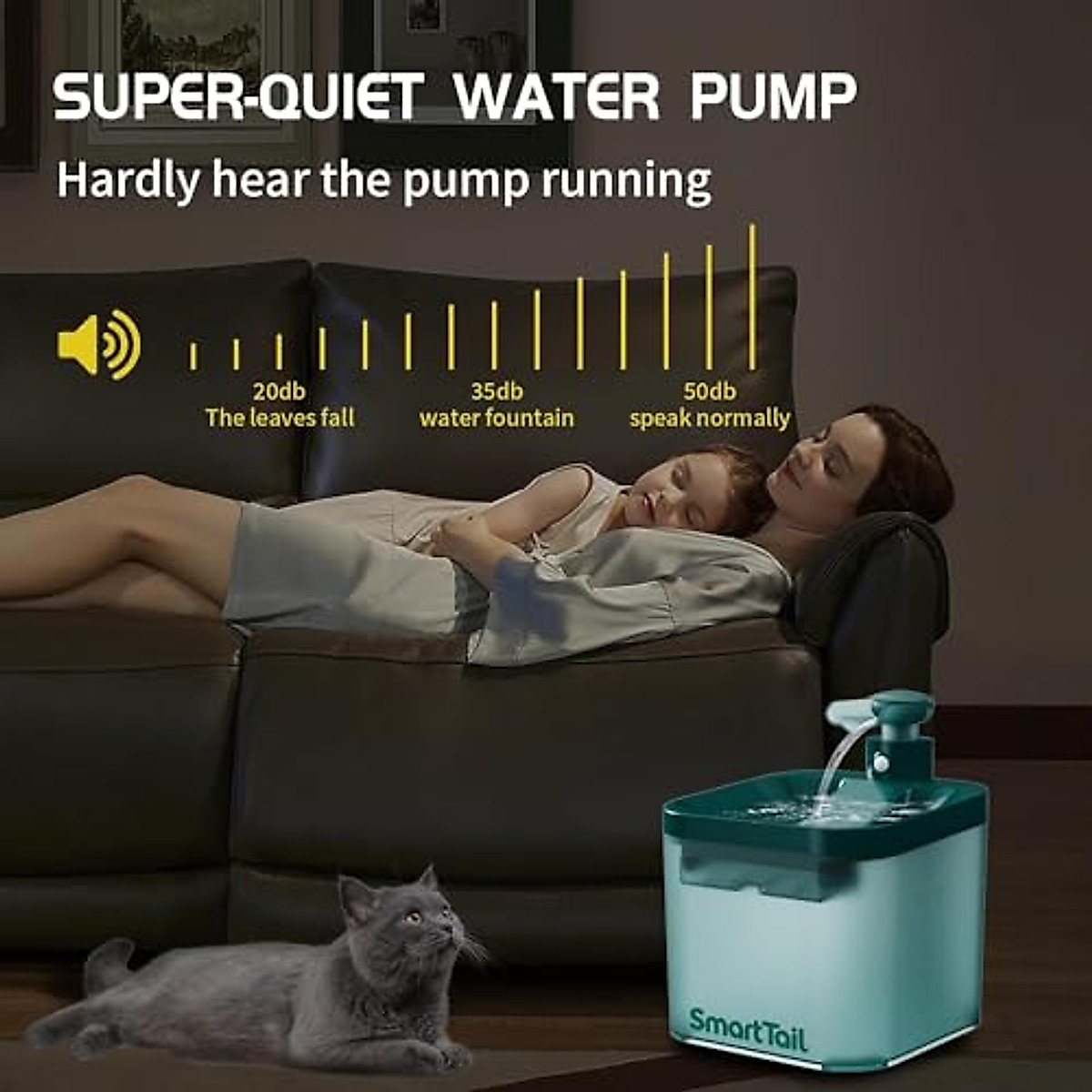 SmartTail Cat Water Fountain,Pet Water Fountain for Cats Indoor Battery Operated,74oz/2.2L Automatic Dog Water Dispenser with a Filter,Water Level Window,BPA-Free, Green