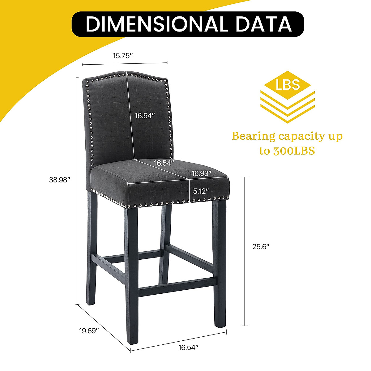 KCC Counter Height Bar Stool 26 Inches Upholstered High Back Barstool with Antique Nail Heads Solid Wood Set of 2 Counter Height Bar Chairs,Gray