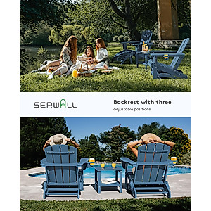 SERWALL 5-Piece Adirondack Chair and Ottoman and Table Set, HDPE Weather Resistant Adjustable Backrest Adirondack Chair with Ottoman and Side Table, Navy