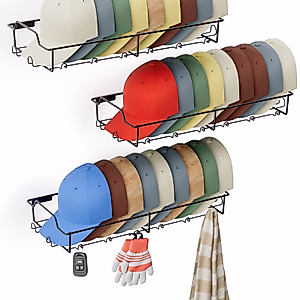 Fairpeak Wall Hat Racks for Baseball Caps, Each Metal Hat Organizer Fit 20 Caps, Sturdy Wall Mounted Hat Storage, for Hanger & Room Closet Display, Fits All Caps Shelves, for all walls, 3 Pack, Black