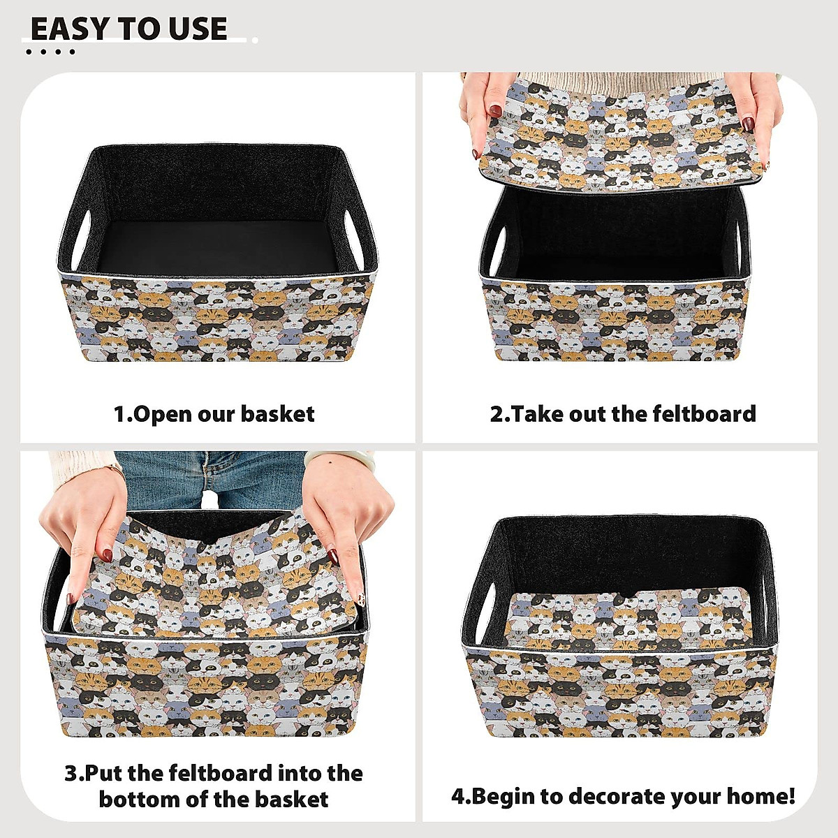 Emelivor Cute Cats Storage Basket Bins Set (2pcs) Felt Collapsible Storage Bins with Fabric Rectangle Baskets for Organizing for Kids Toys Pet Toy Books Clothes Closet Cabinet Organise