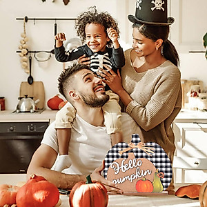 IDATOO Fall Decoration Signs, Hello Pumpkin Fall Décor for Fireplace and Tabletop Centerpiece - Cozy Wooden Rustic Buffalo Plaid Design for Halloween, Thanksgiving, and Autumn Holiday Indoor