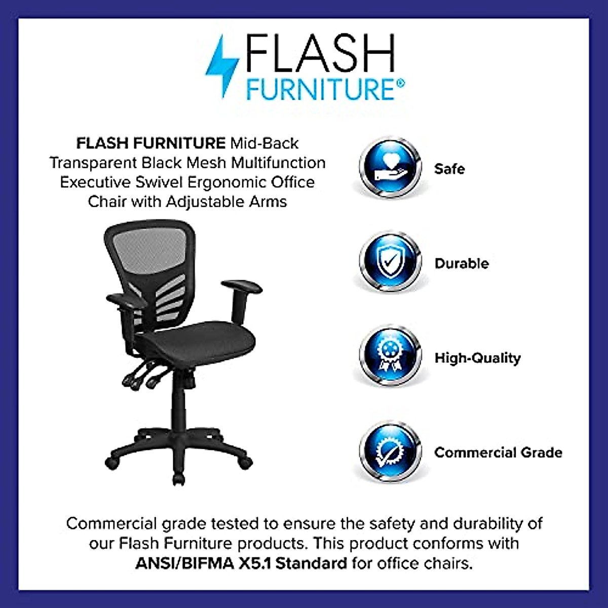 Flash Furniture Nicholas Mid-Back Transparent Black Mesh Multifunction Executive Swivel Ergonomic Office Chair with Adjustable Arms